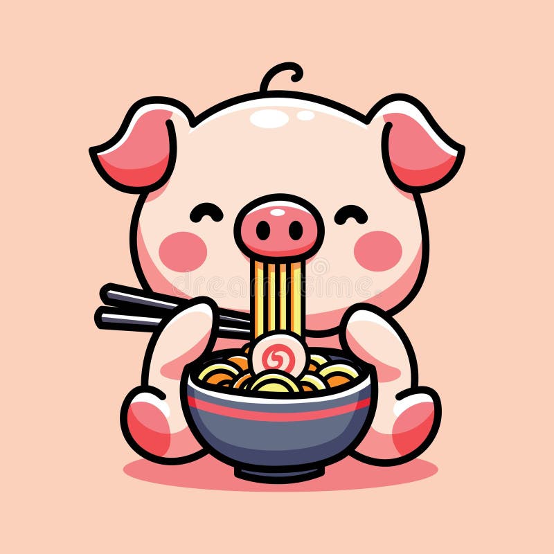 Cute Vector Design Illustration of Pigs Eating Ramen Stock Vector ...