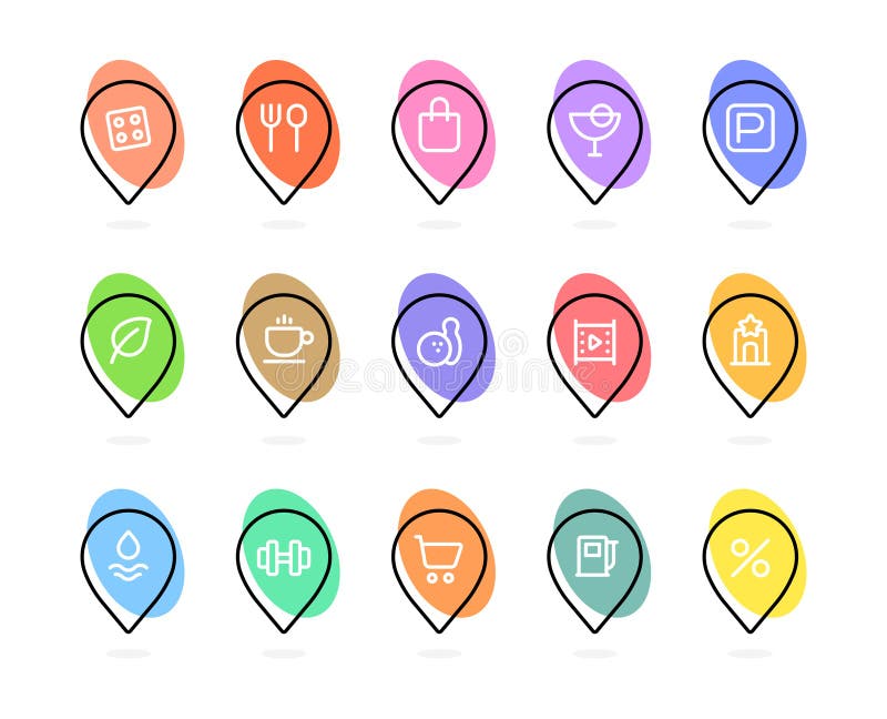 Colorful Map Pins. Entertainment Places. Set of Flat Icons. Vector File ...
