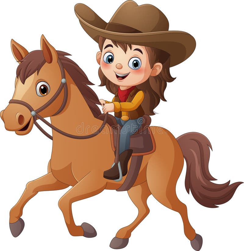 Cartoon Young Cowgirl Riding on a Horse Stock Illustration ...