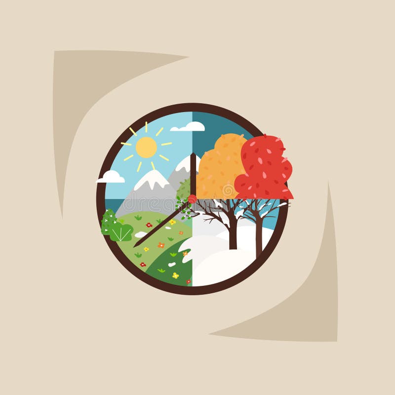 4 Seasons Landscape in a Circle. Time Passing by. Big Clock with ...