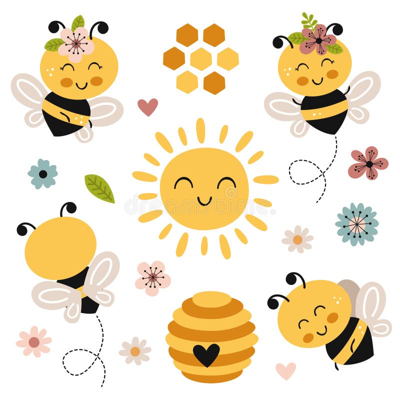Set Isolated with Cute Happy Bees, Sun, Flowers Stock Vector ...