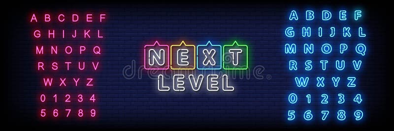 Neon Sign Next Level on Brick Wall Background with the Alphabet Stock ...