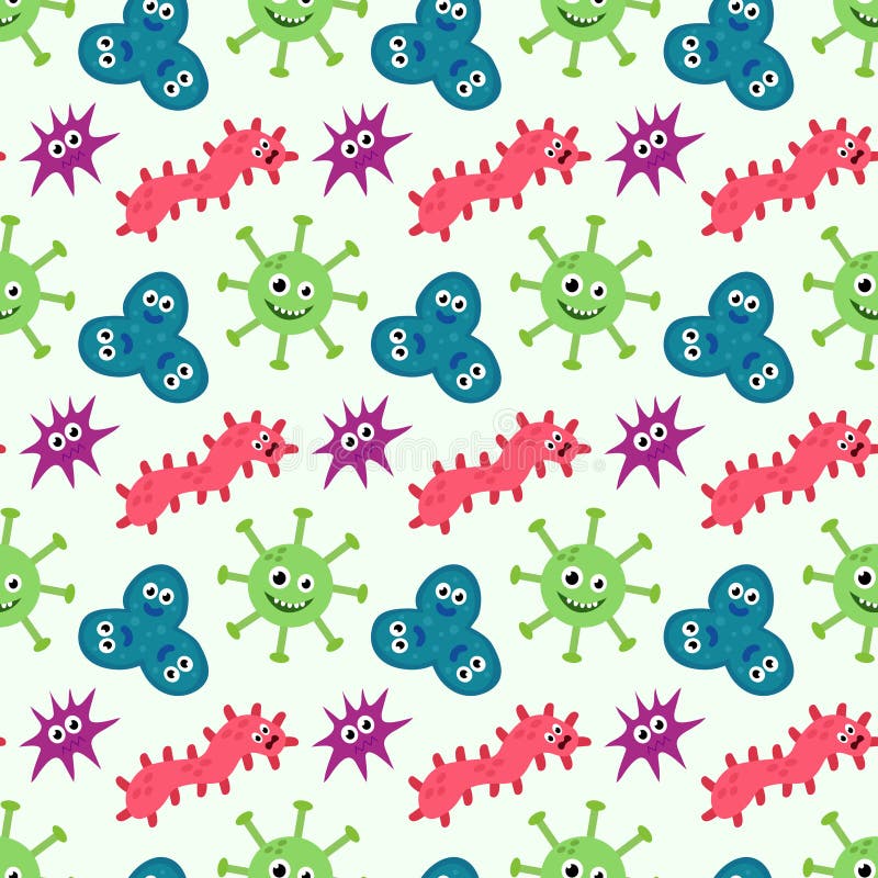 Seamless Pattern with Cute Cartoon Characters Virus, Bacteria, Microbe ...