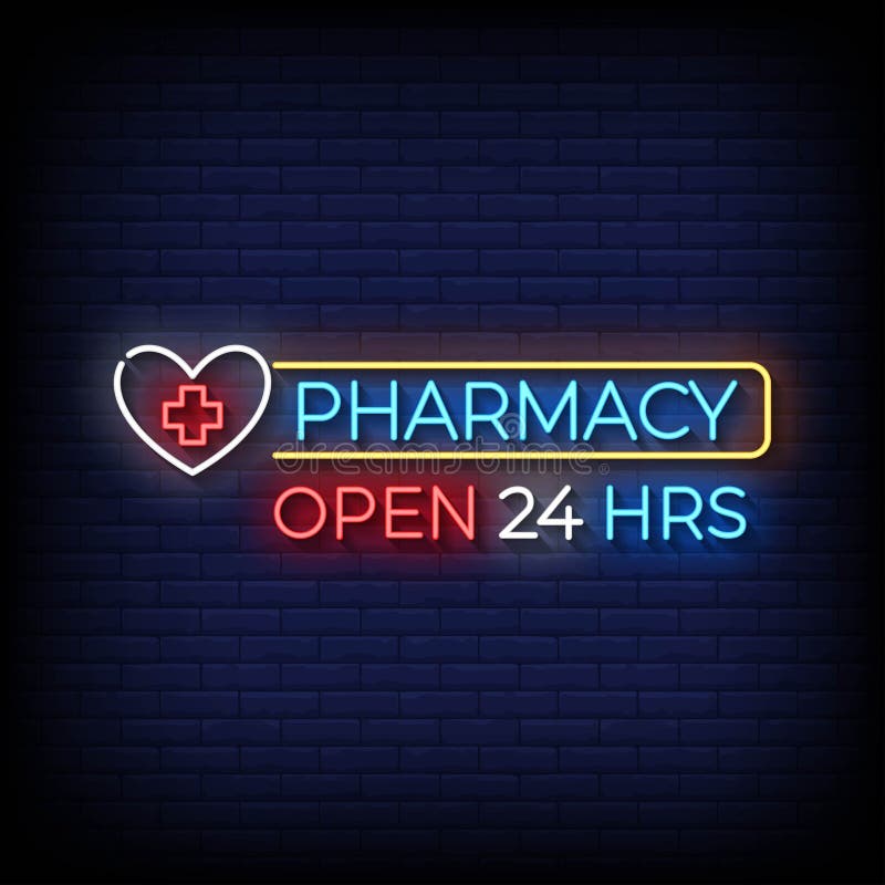 Pharmacy Open 24 Hours Neon Sign on Brick Wall Background Stock Vector ...