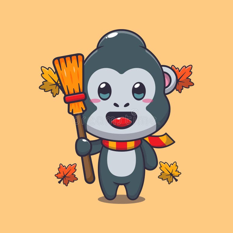 Cute Autumn Gorilla Holding Broom. Stock Vector - Illustration of ...