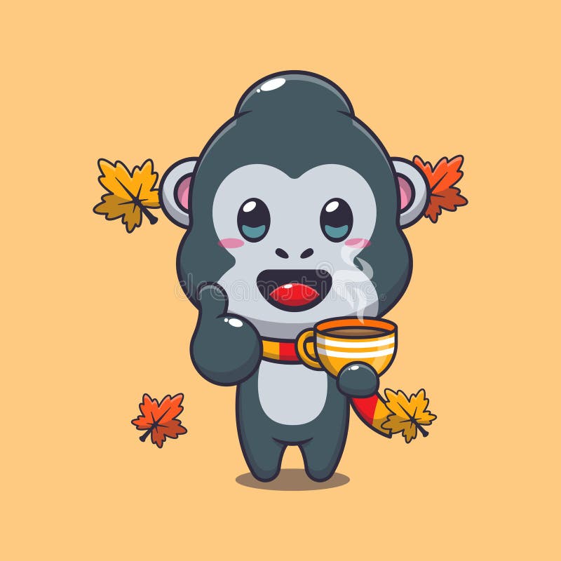 Cute Gorilla with Coffee in Autumn Season. Stock Vector - Illustration ...