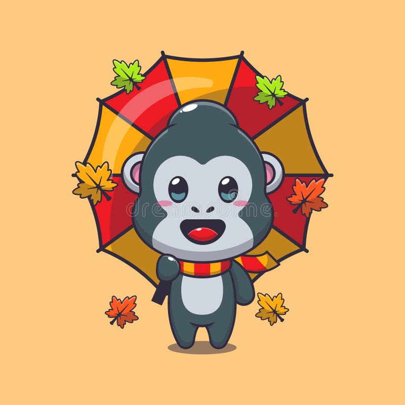 Cute Gorilla with Umbrella at Autumn Season. Stock Vector ...