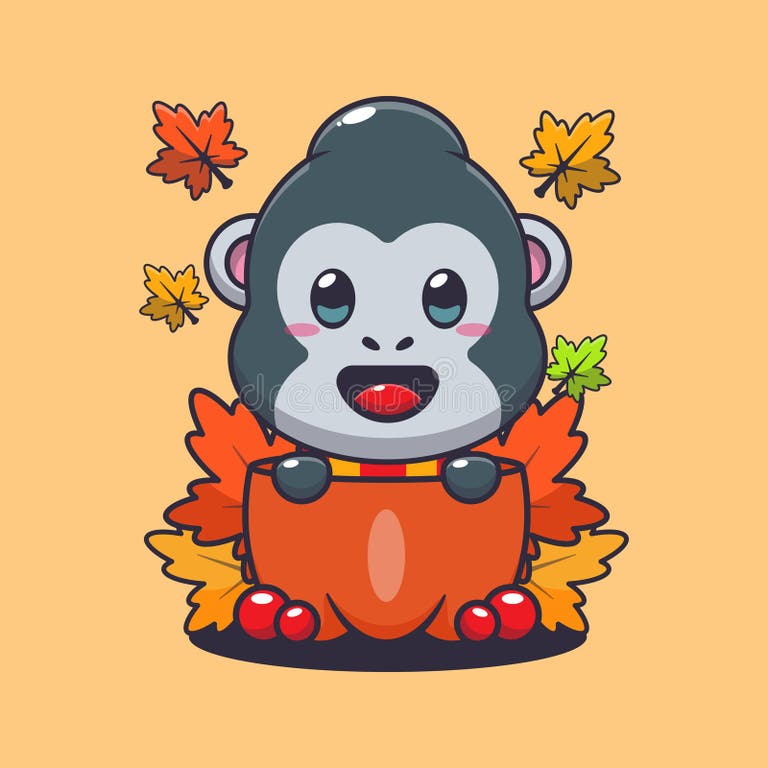 Cute Gorilla in a Pumpkin at Autumn Season. Stock Vector - Illustration ...