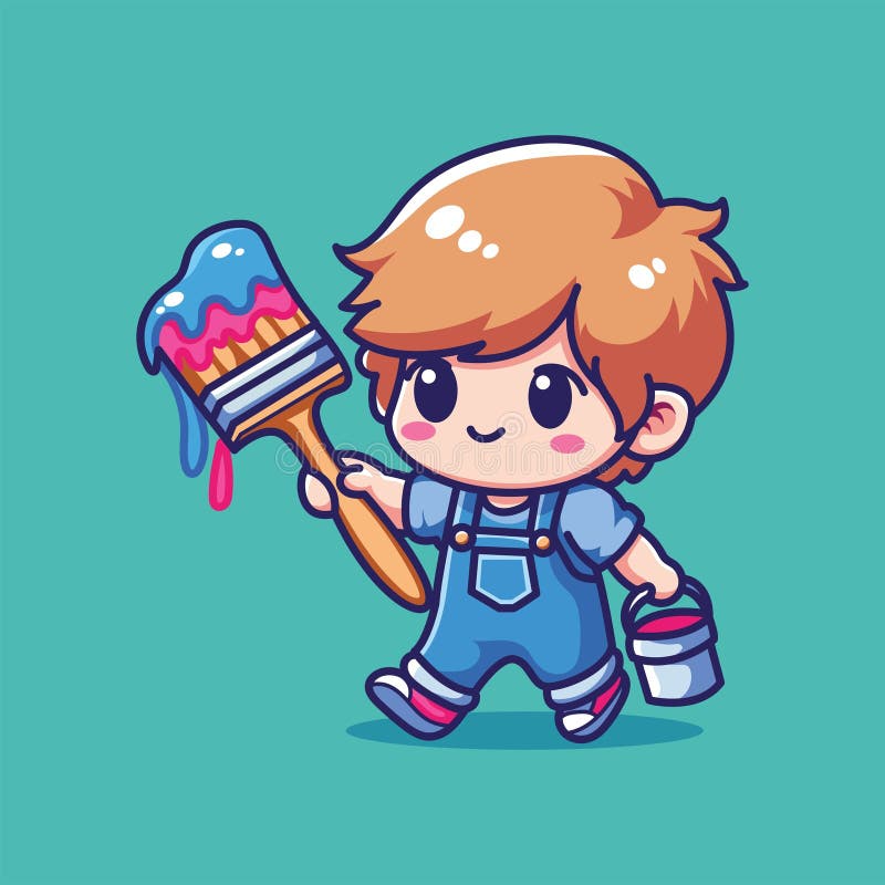 Cute Little Boy with Paint Brush. Cute Cartoon Character Stock Vector ...
