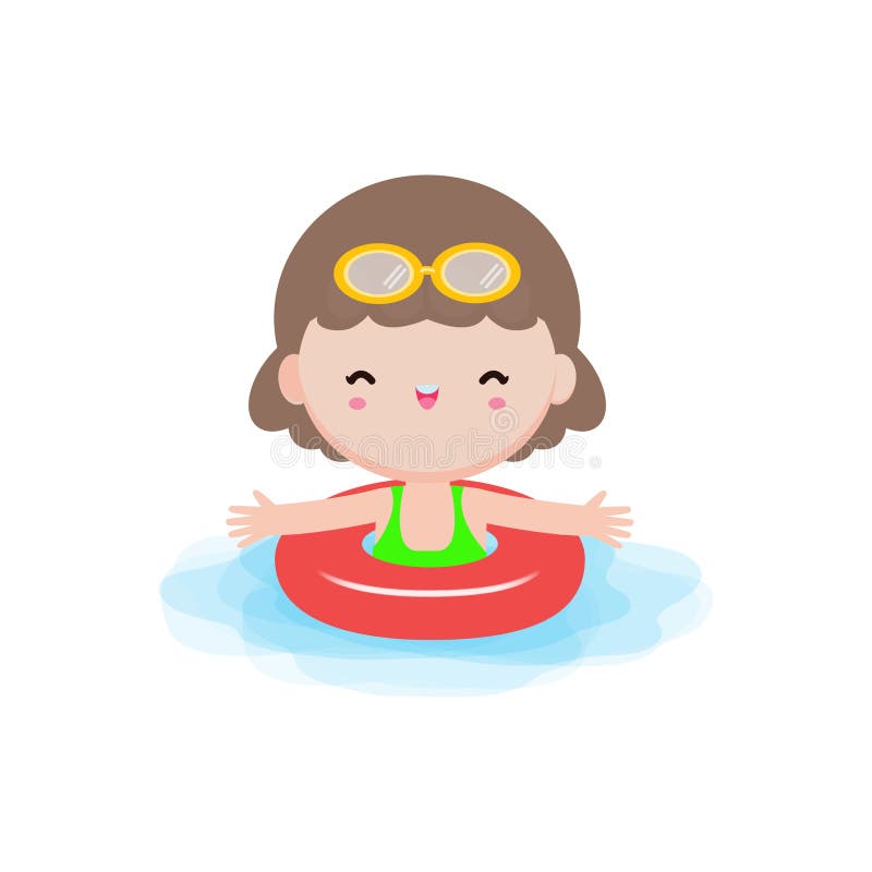 Kid Wearing Float Rings, Cute Kids Cartoon Pool Party Characters, Child ...