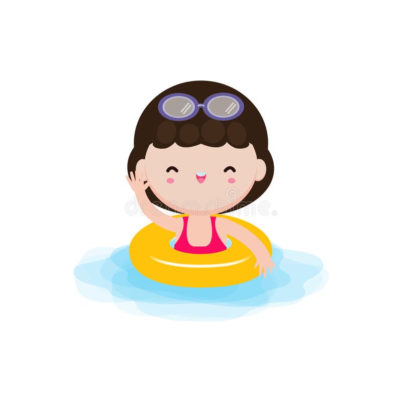 Kid Wearing Float Rings, Cute Kids Cartoon Pool Party Characters, Child ...