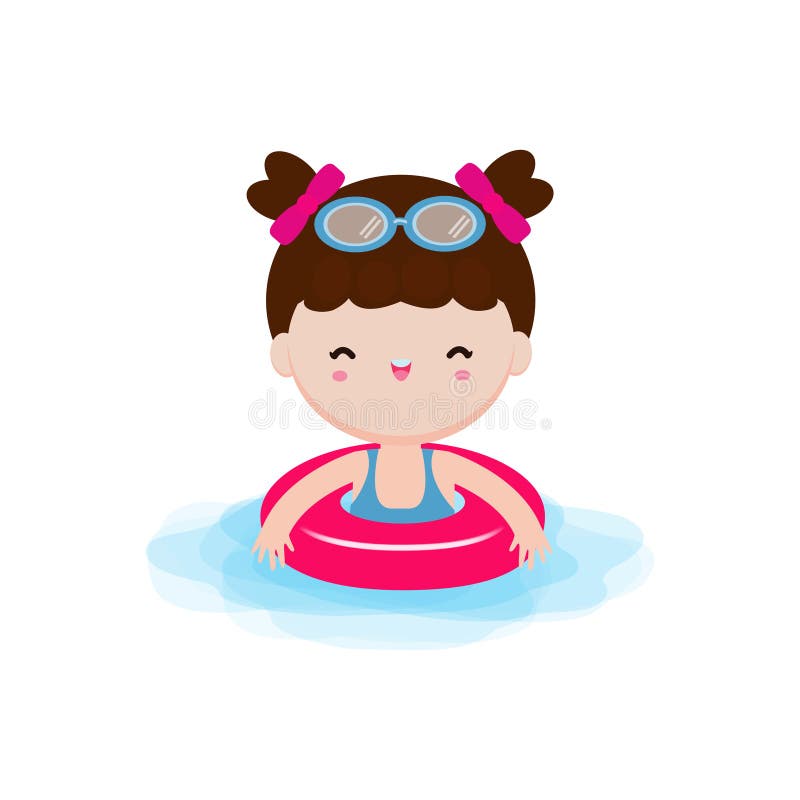 Kid Wearing Float Rings, Cute Kids Cartoon Pool Party Characters, Child ...
