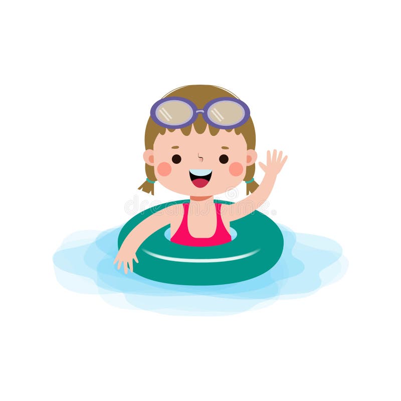Kid Wearing Float Rings, Cute Kids Cartoon Pool Party Characters, Child ...