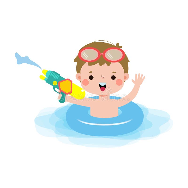 Kid Wearing Float Rings, Cute Kids Cartoon Pool Party Characters, Child ...