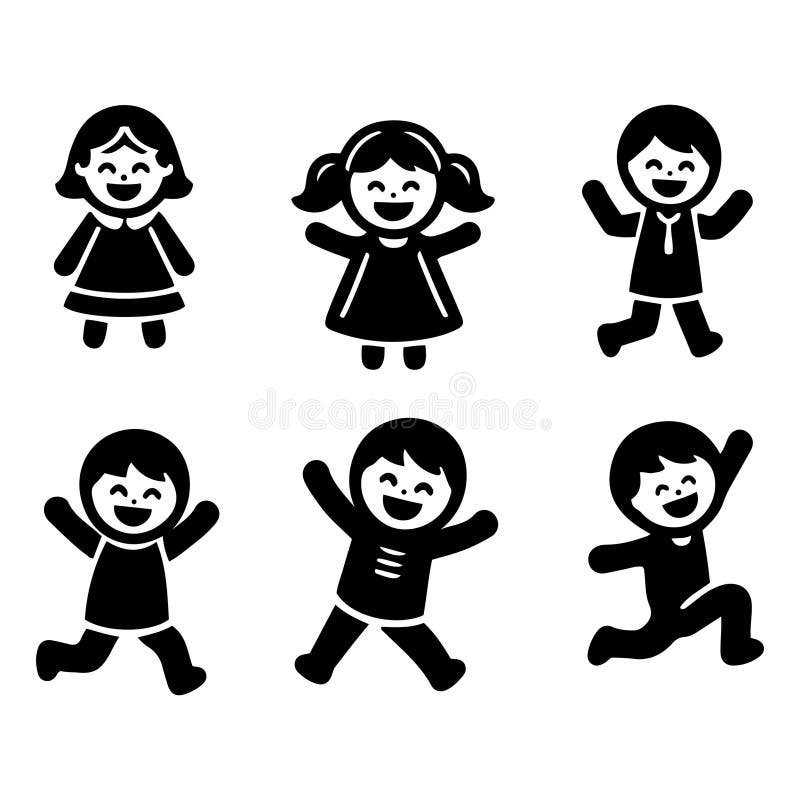 Set of Black and White Stickers of Children Vector. Stock Vector ...