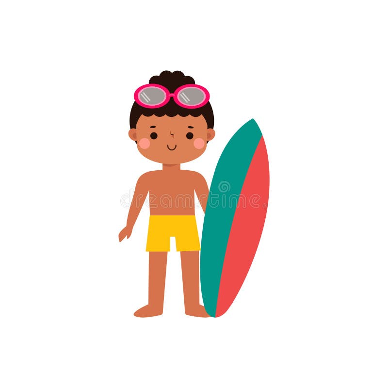 Cute Surfer Kid Character with Surfboard on Beach. Happy Young Surfer ...