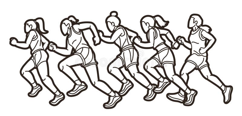 Group of Women Start Running Runner Action Jogging Together Cartoon ...