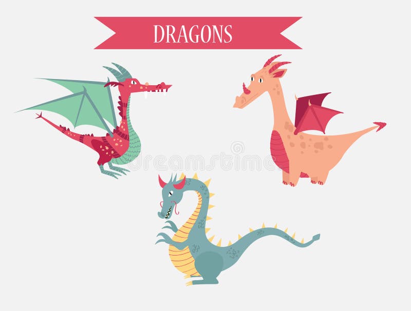 Set of 3 Dragons Yellow Green and Red. Simple Flat Design. Fantasy ...