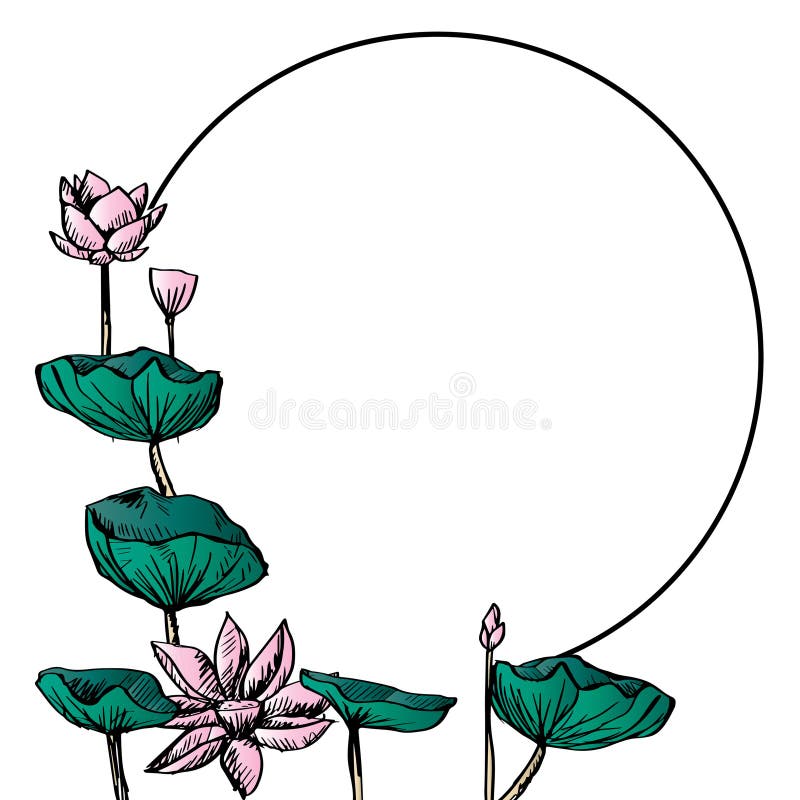 Round Frame with Lotus Flowers. Stock Vector - Illustration of leaf ...