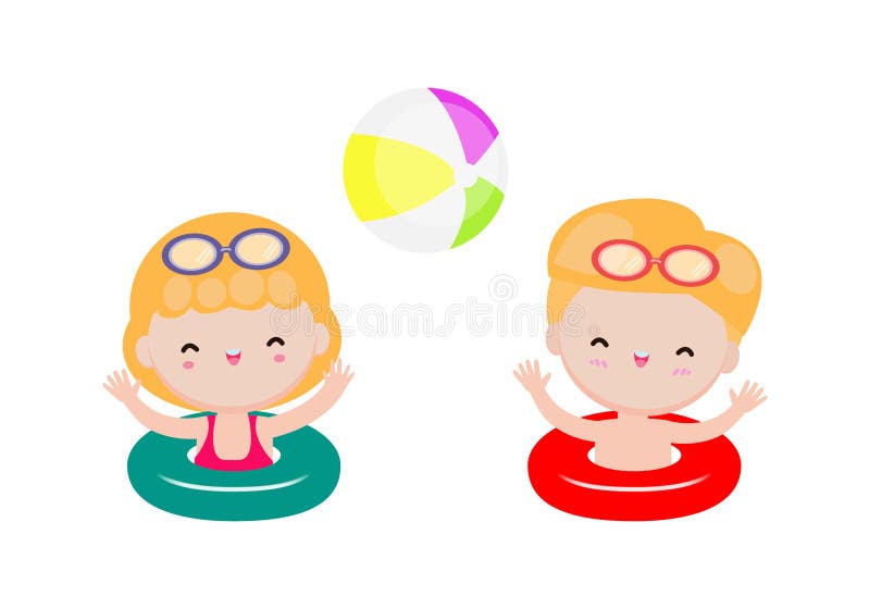 Cute Kids Wearing Float Rings on Inflatable Playing Ball in Pool Party ...