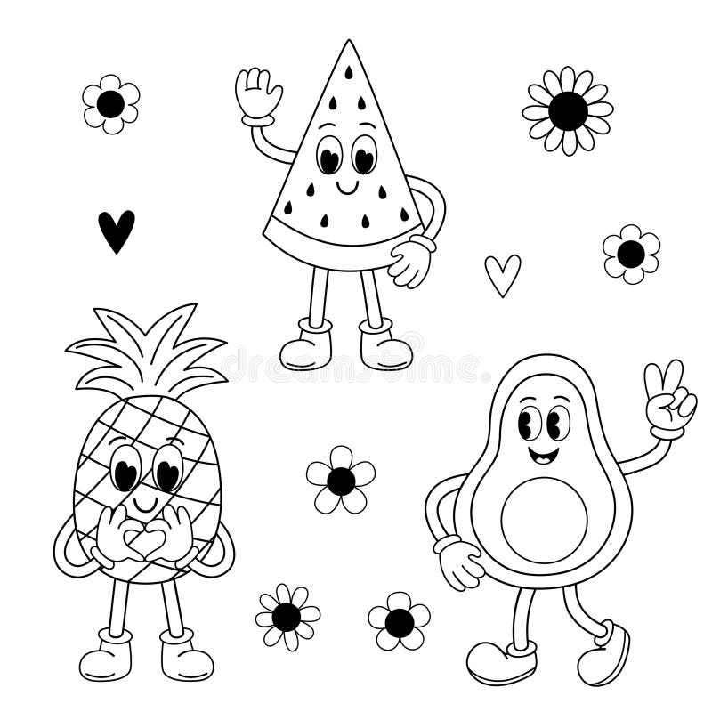 Set of Isolated Outline Funny Pineapple, Watermelon, Avocado Stock ...