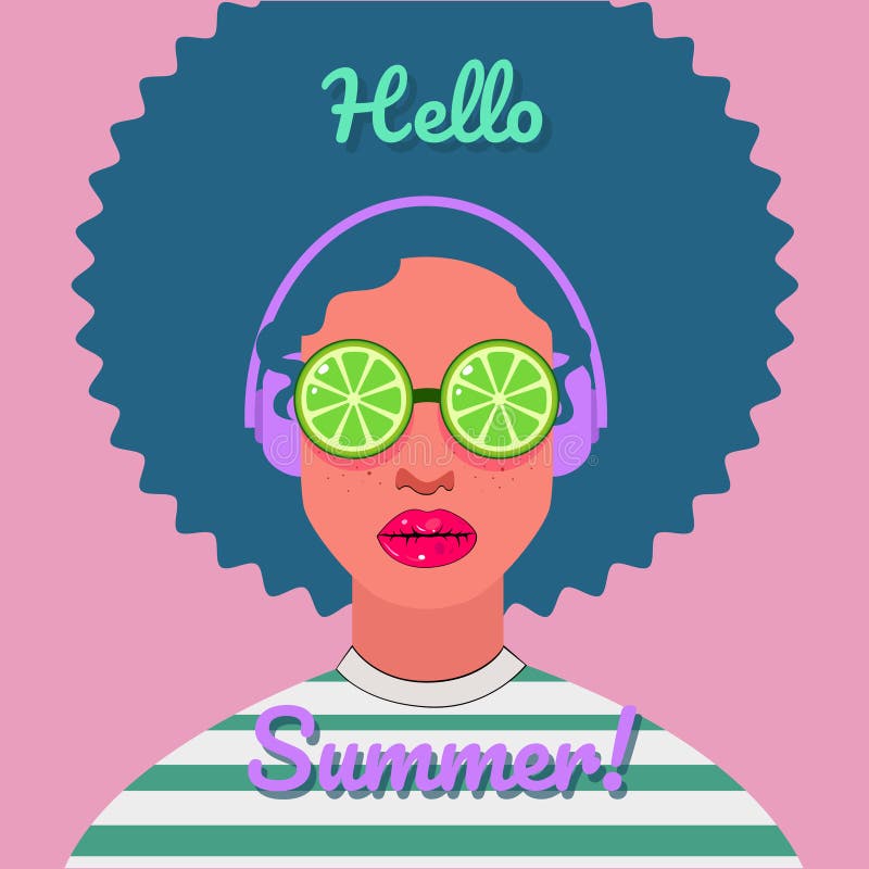 Vector Poster Hello Summer with Girl in Headphones and Glasses Stock ...