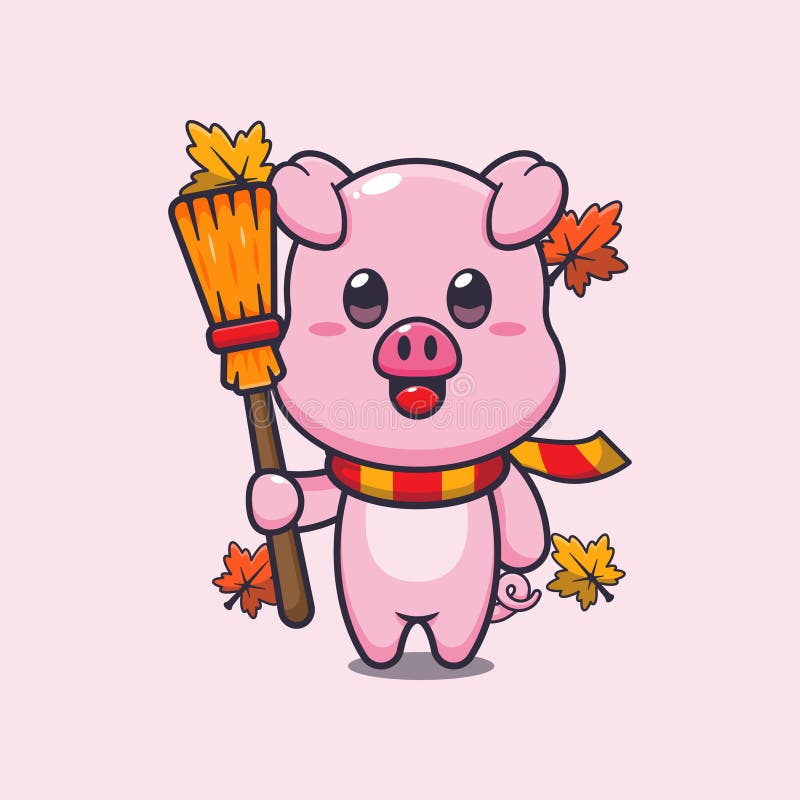 Cute Autumn Pig Holding Broom. Stock Vector - Illustration of character ...