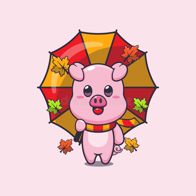 Cute Pig with Umbrella at Autumn Season. Stock Vector - Illustration of ...