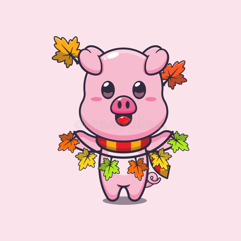 Cute Pig with Autumn Leaf Decoration. Stock Vector - Illustration of ...