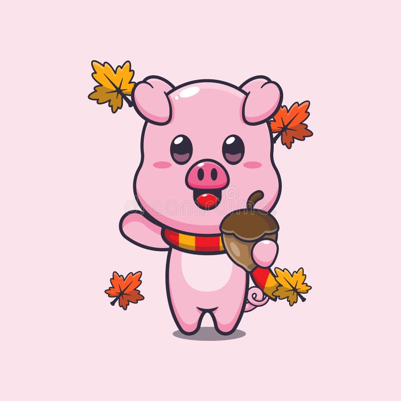 Cute Pig with Acorns at Autumn Season. Stock Vector - Illustration of ...