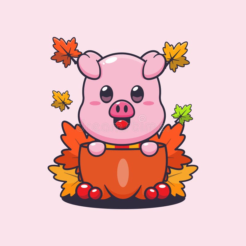 Cute Pig in a Pumpkin at Autumn Season. Stock Vector - Illustration of ...