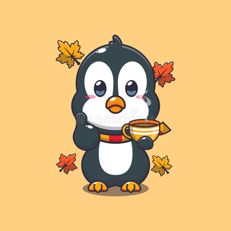 Cute Penguin with Coffee in Autumn Season. Stock Vector - Illustration ...
