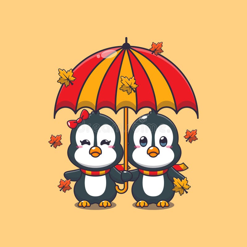 Cute Couple Penguin with Umbrella at Autumn Season. Stock Vector ...