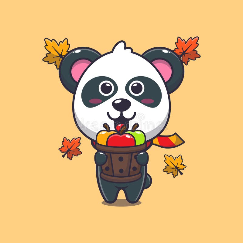 Cute Panda Holding a Apple in Wood Bucket. Stock Vector - Illustration ...