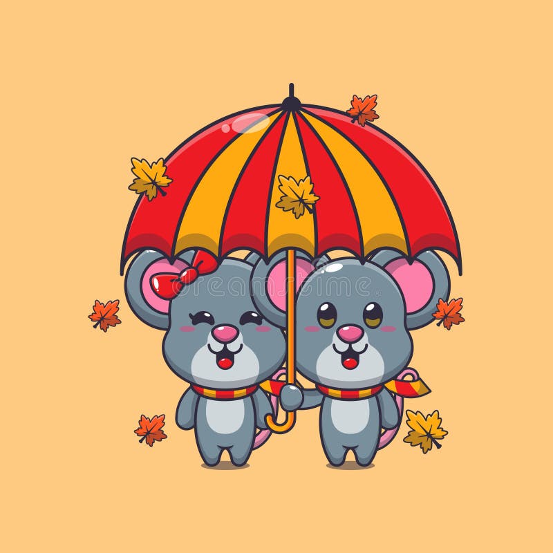 Cute Couple Mouse with Umbrella at Autumn Season. Stock Vector ...