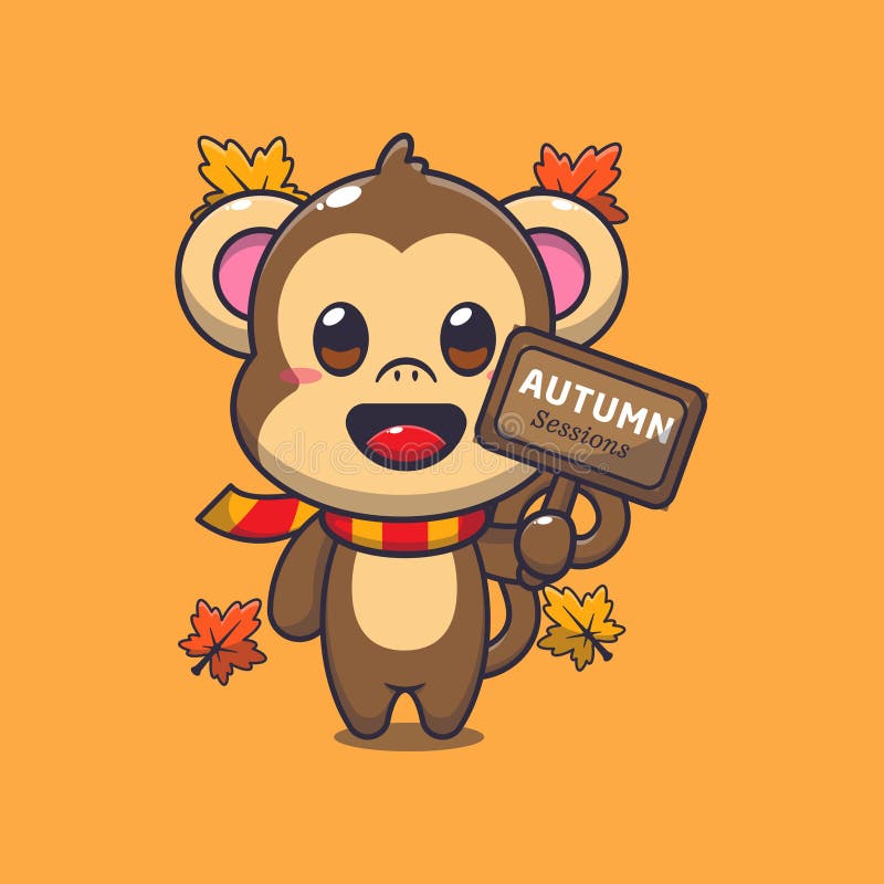 Cute Monkey with Autumn Sign Board Stock Vector - Illustration of ...