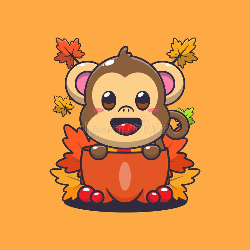 Cute Monkey in a Pumpkin at Autumn Season Stock Vector - Illustration ...