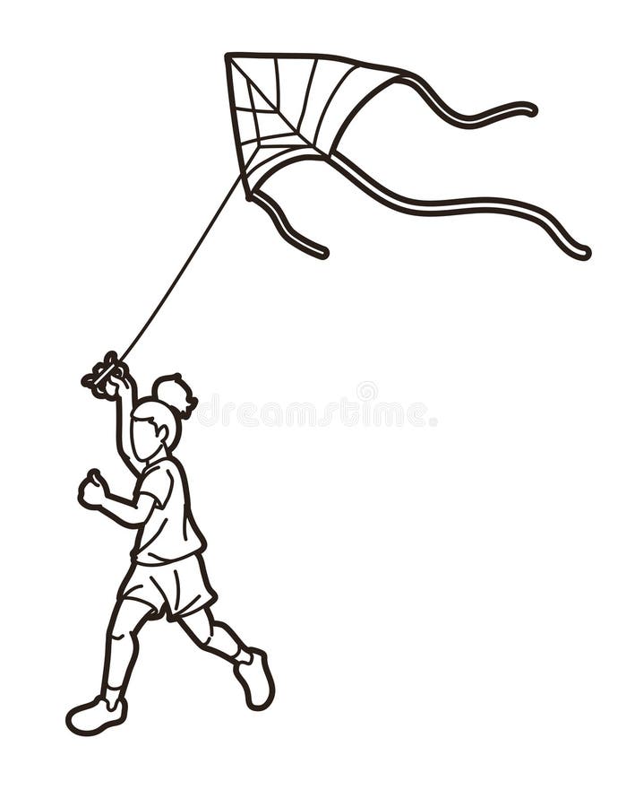 A Girl Running Fly a Kite Child Playing Cartoon Sport Graphic Vector ...