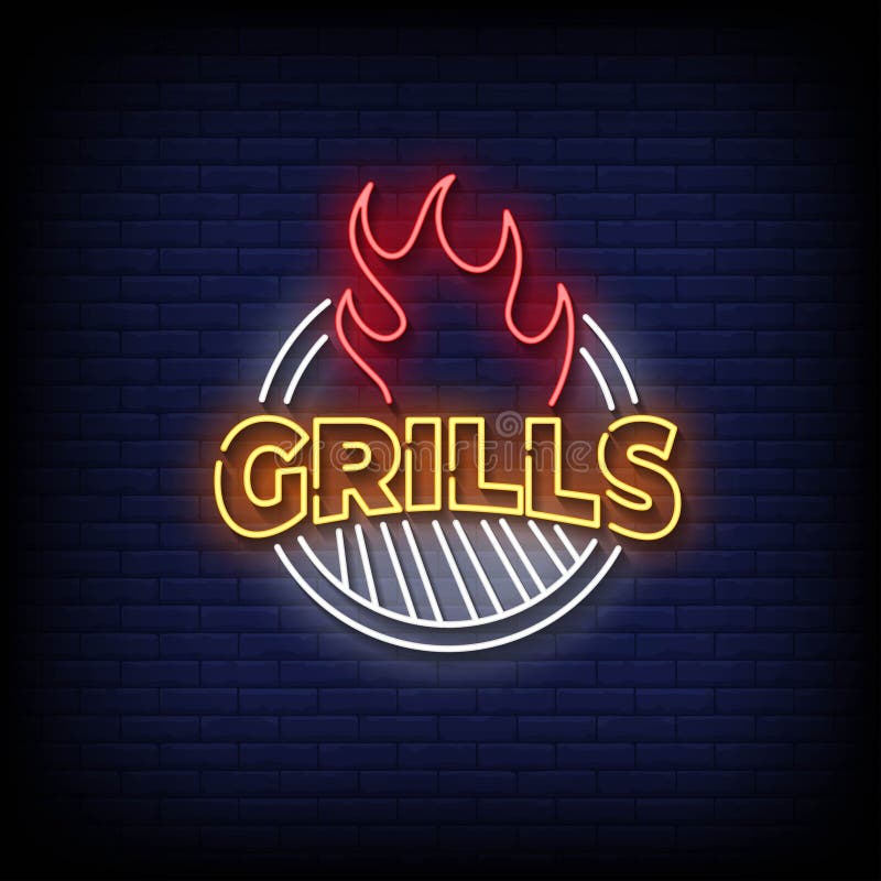 Grills Neon Sign on Brick Wall Background Vector Stock Vector ...