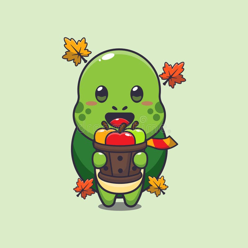 Cute Turtle Holding a Apple in Wood Bucket Stock Vector - Illustration ...