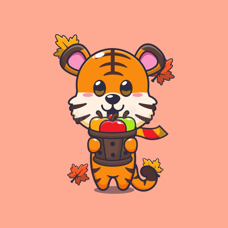Cute Tiger Holding a Apple in Wood Bucket Stock Vector - Illustration ...