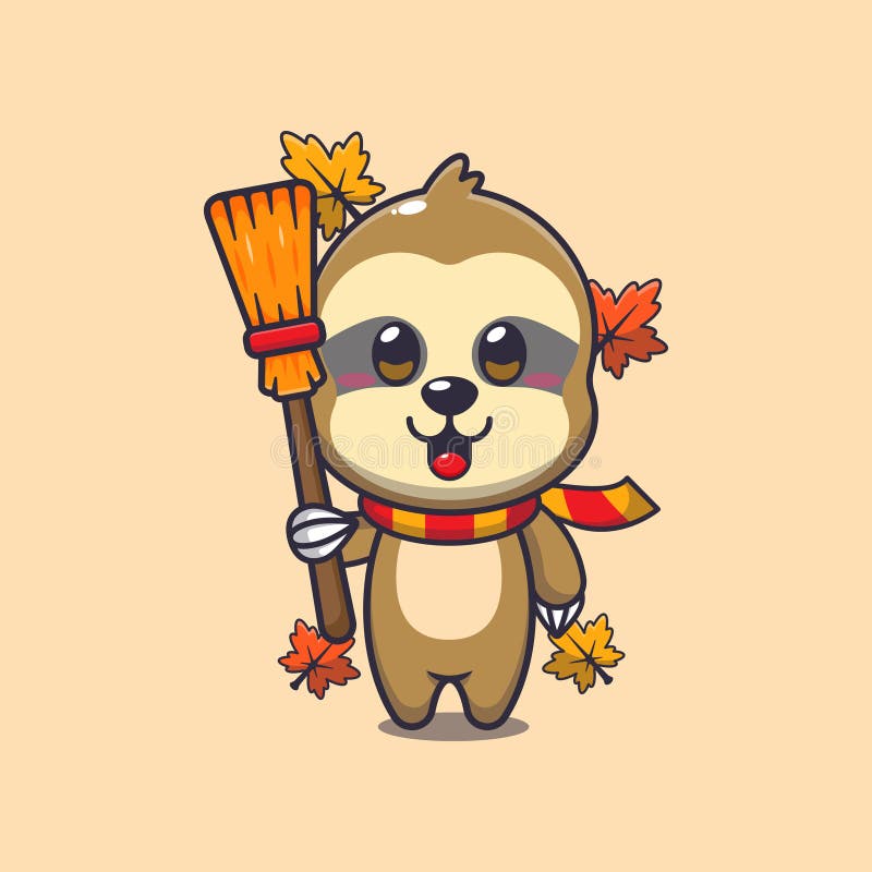 Cute Autumn Sloth Holding Broom Stock Vector - Illustration of tropical ...