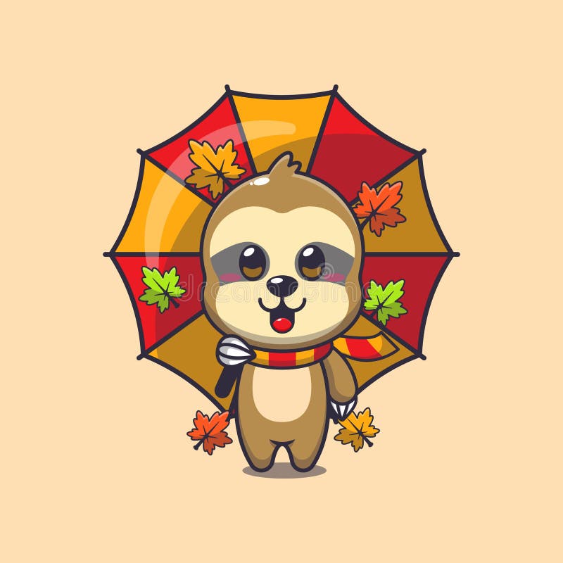 Cute Sloth with Umbrella at Autumn Season Stock Vector - Illustration ...