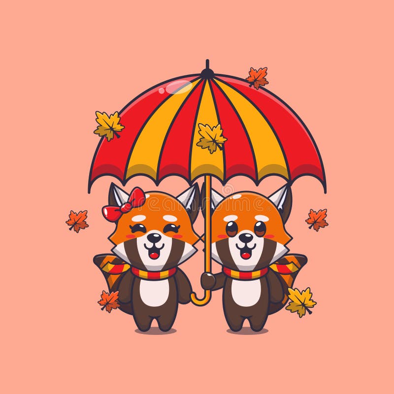 Cute Couple Red Panda with Umbrella at Autumn Season Stock Vector ...