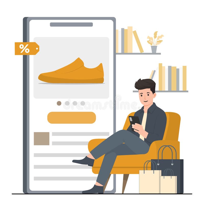 Flat Vector Men Shopping Online Mobile Concept Illustration Stock ...