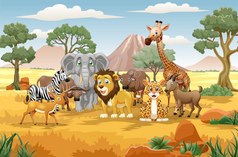 Animals in the Savanna at Day Time. Cartoon Style Stock Illustration ...