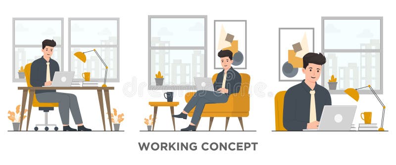 Flat Vector People Office Workers Working, Desk Set Concept ...