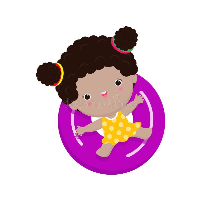 Cute Kid in Swimsuit Floating on Rubber Ring on Inflatable in Top View ...