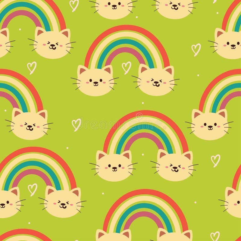 Seamless Pattern Cartoon Cat with Rainbow and Sky Element Stock Vector ...