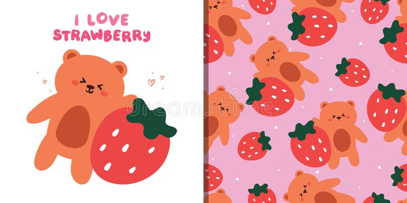 Cute Seamless Pattern Cartoon Bear with Strawberry. Cute Wallpaper for Kids, Gift Wrap Paper ...